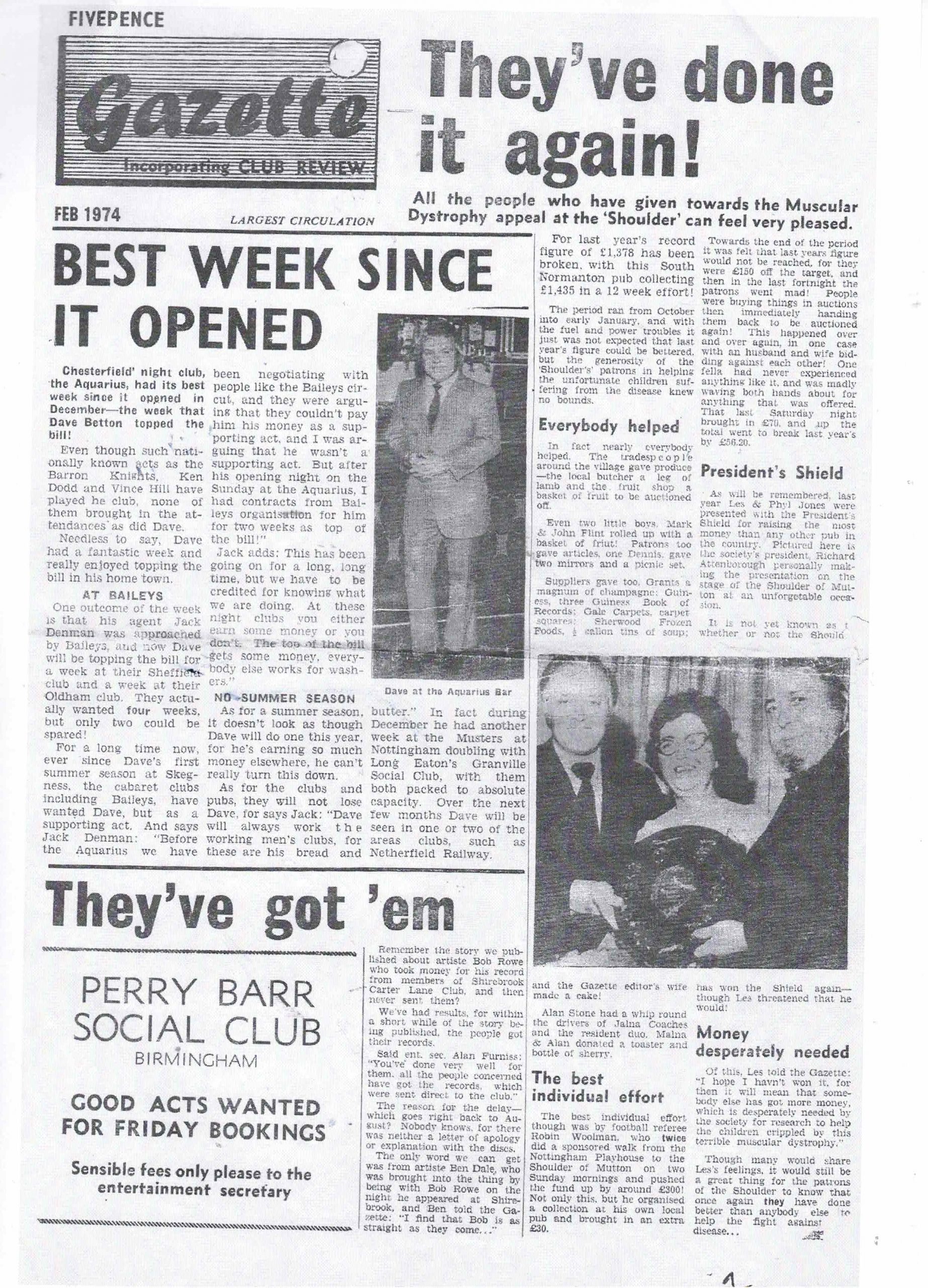 Feb 1974 - Club Acts, Artistes & Entertainers 1970s.